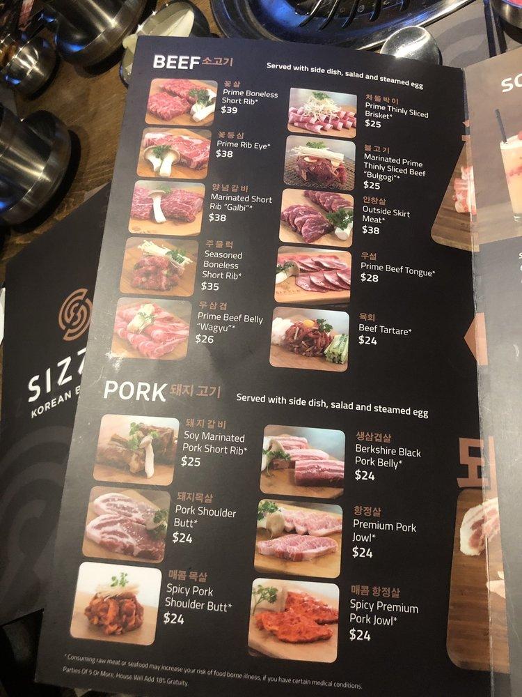 Carta de Sizzle Korean Barbecue, Scottsdale
