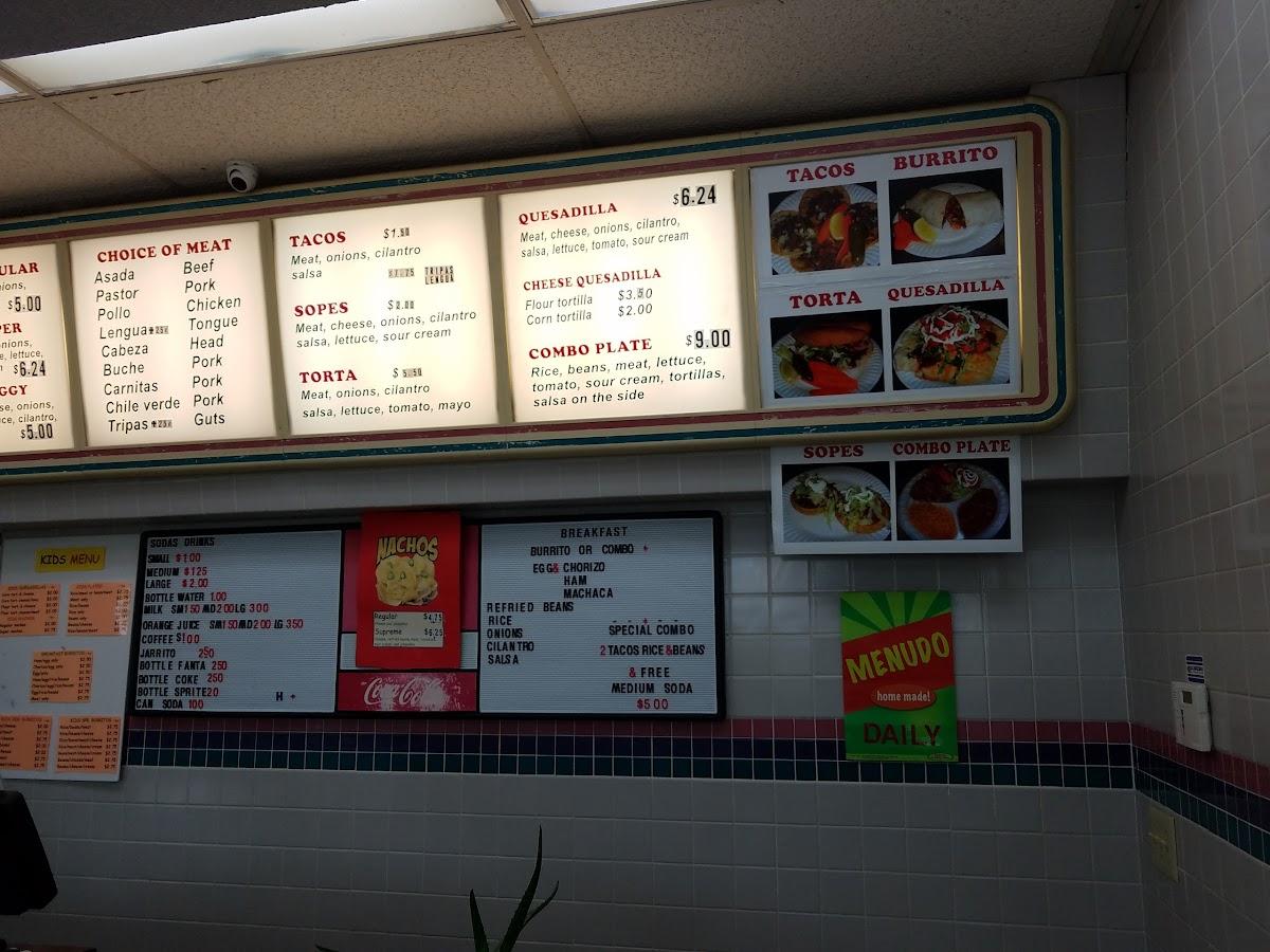Menu at Taco El Grullense restaurant, Chowchilla