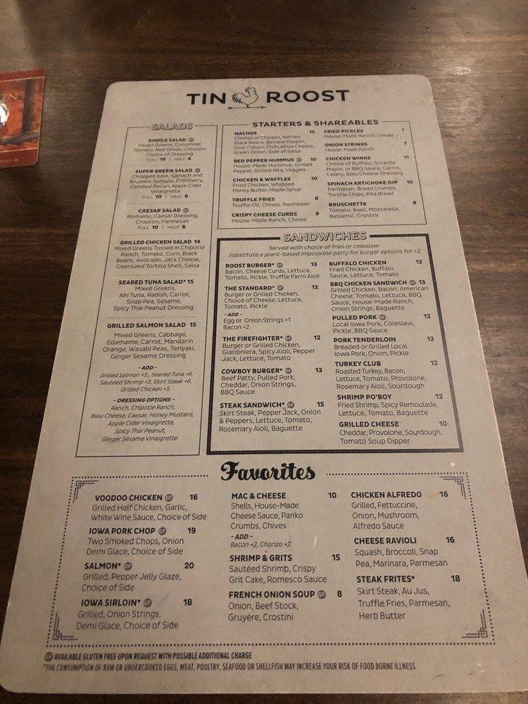 Menu at Tin Roost pub & bar, North Liberty