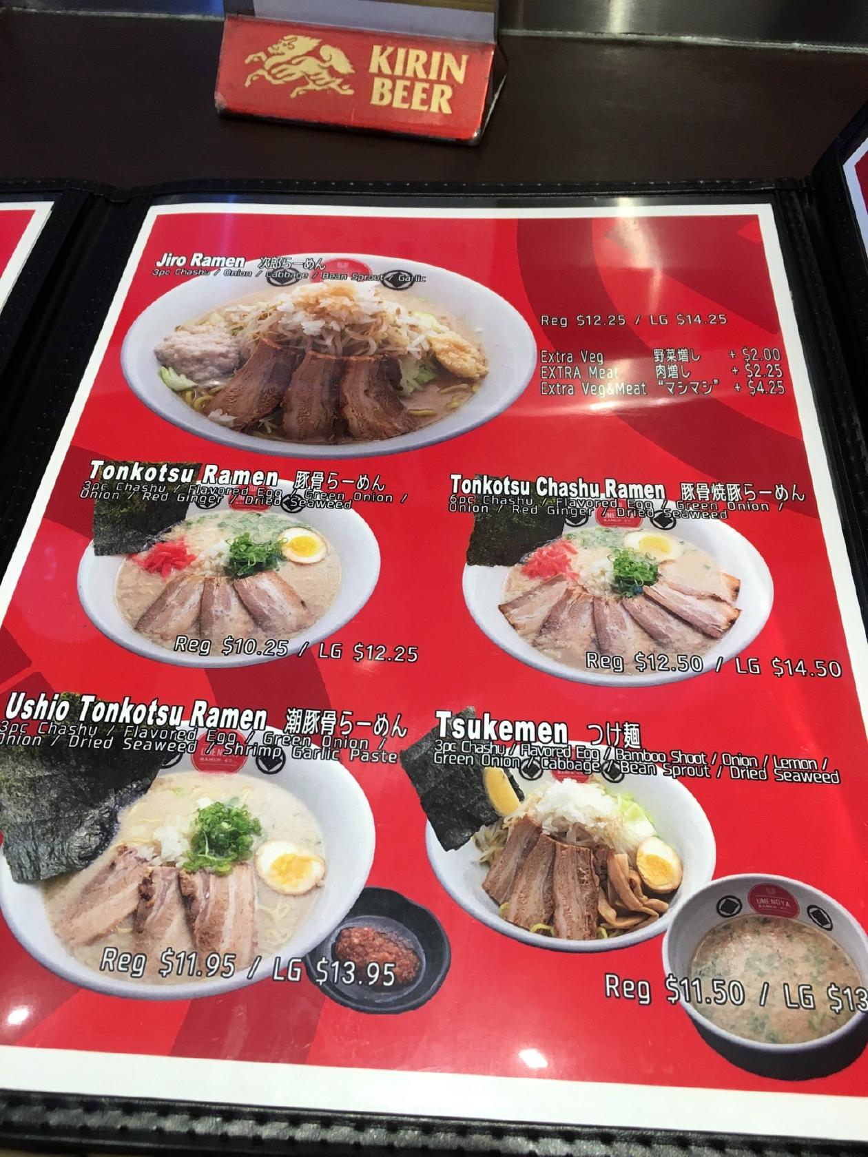 Menu at Umenoya Ramen restaurant, Torrance