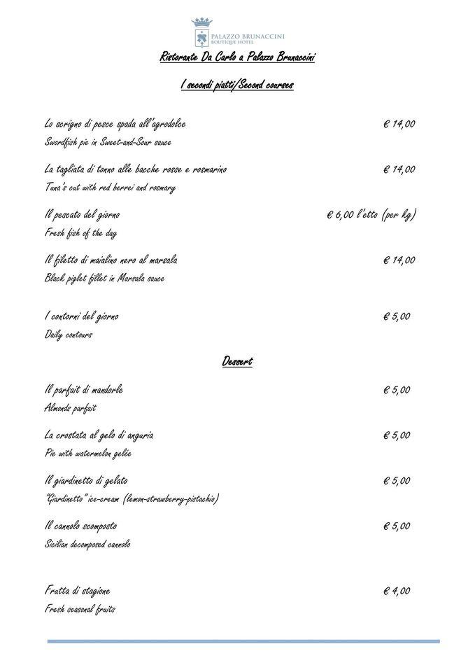 Menu at Palazzo Brunaccini restaurant, Palermo