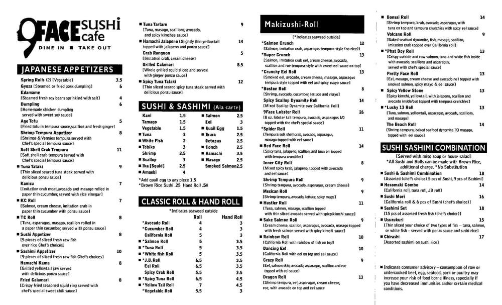 Menu at 9 Face Sushi Cafe, Pompano Beach