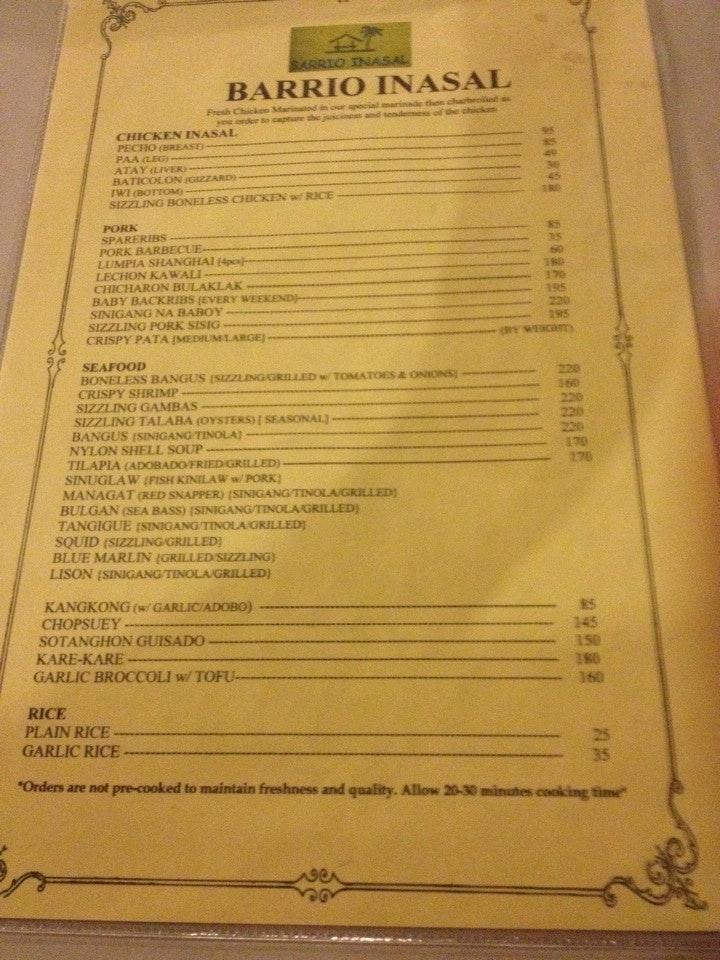 Menu at Barrio Inasal, Iloilo City, Aurora Subdivision