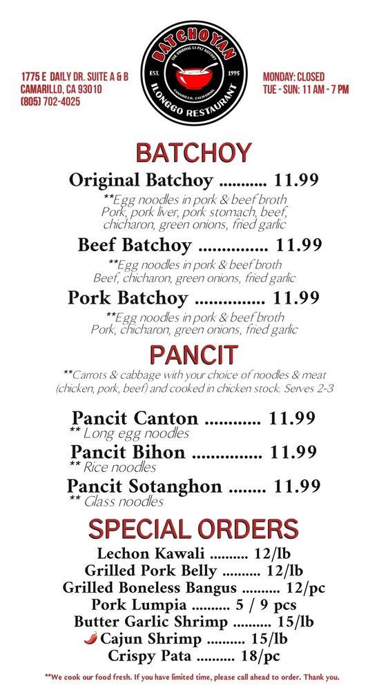Menu at Batchoyan Ilonggo Restaurant, Camarillo