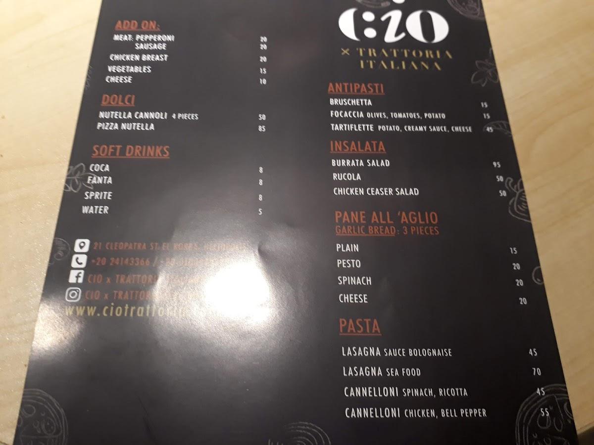 Menu at CIO x Trattoria Italiana restaurant, Cairo
