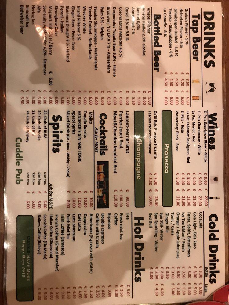 Menu at Cuddle Pub, Amsterdam