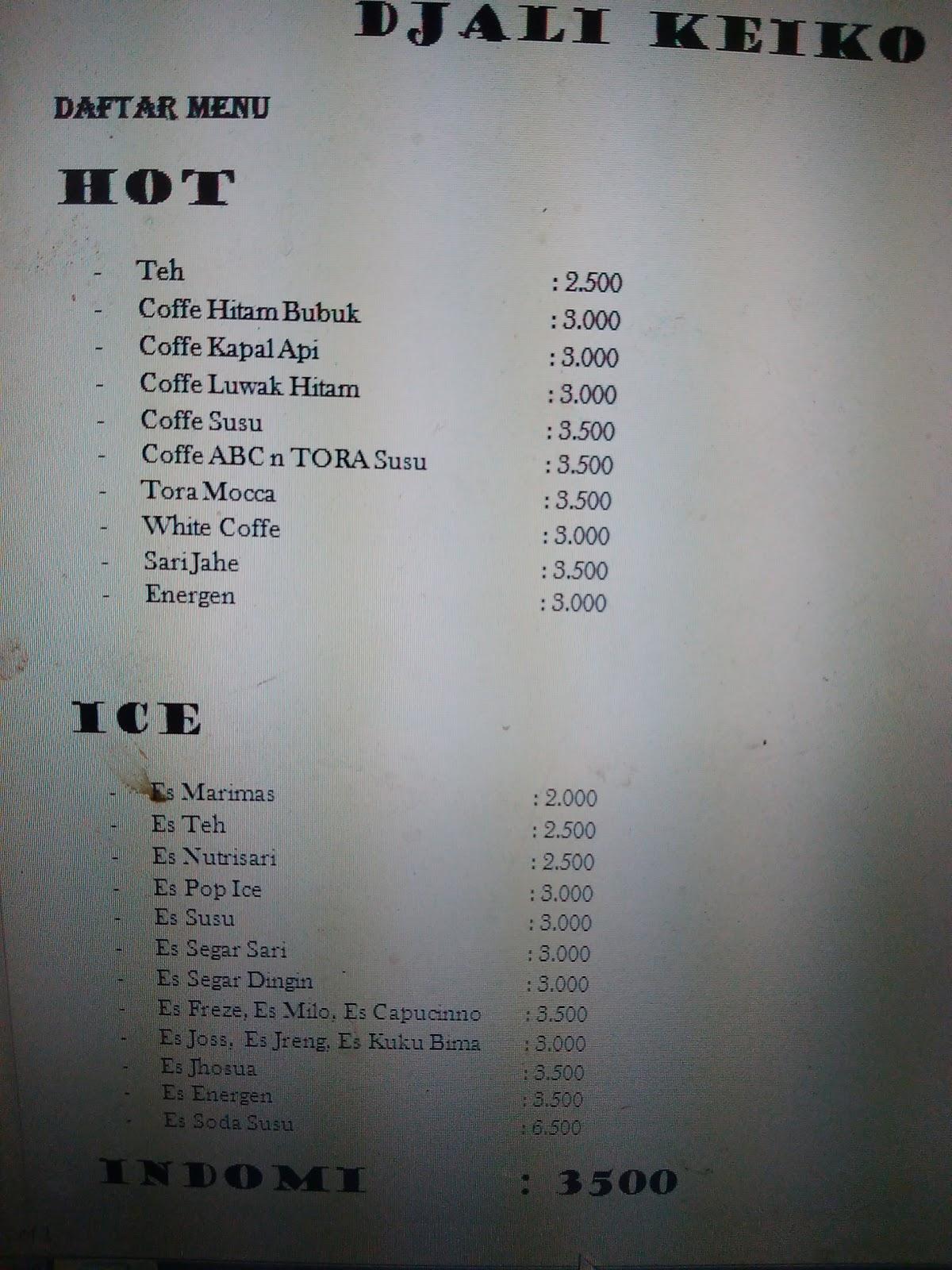 Carta del café Djali Keiko, Surabaya