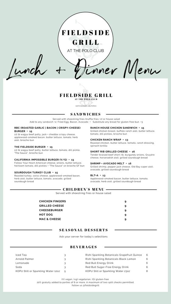 Carta del pub y bar Fieldside, Carpinteria