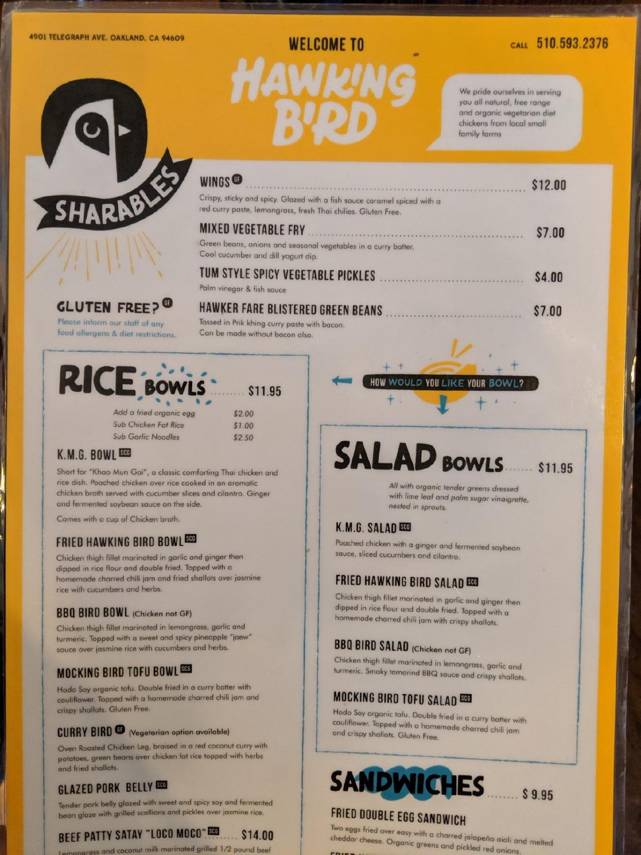 Menu at Hawking Bird restaurant, Oakland