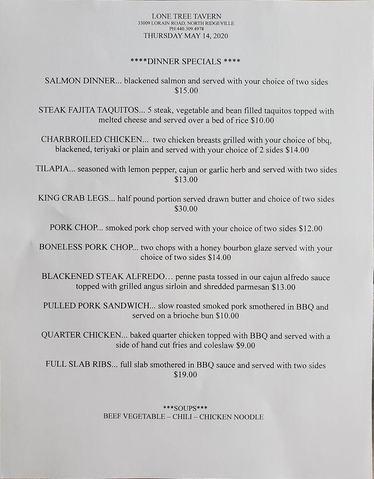 Menu at Lone Tree Tavern restaurant, North Ridgeville