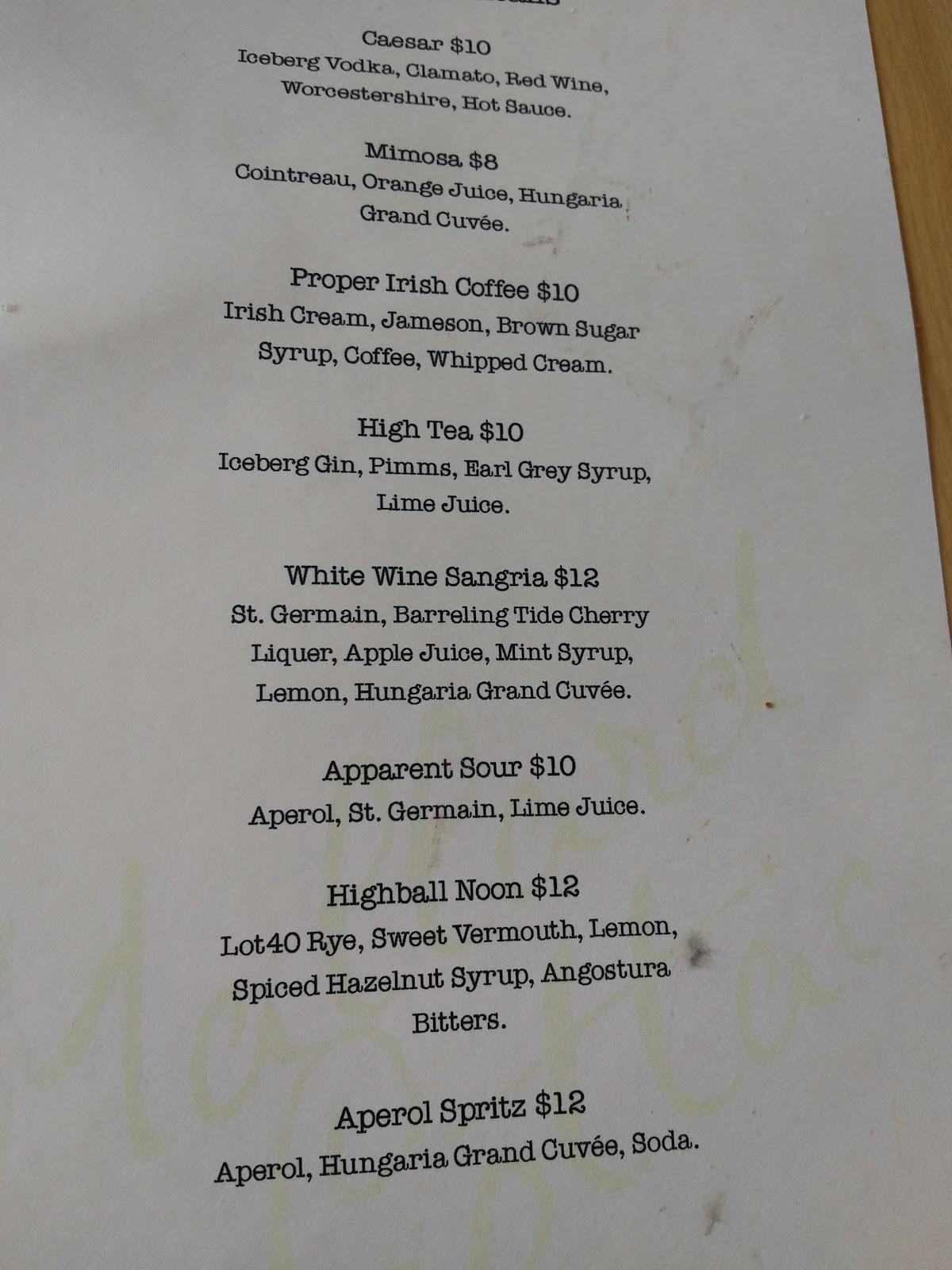 Menu at Mallard Cottage restaurant, St. John's