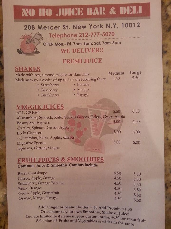 Menu at Noho Juice Bar, New York City