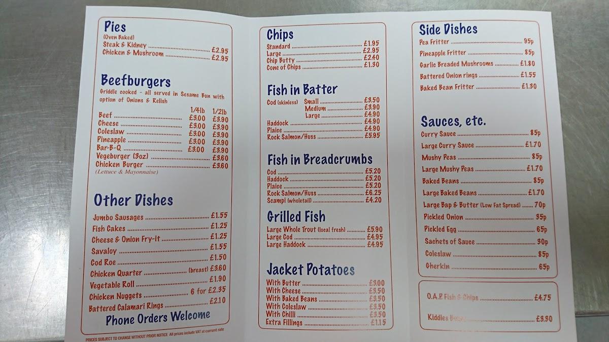 Menu at Parkway Fish Bar, Poole