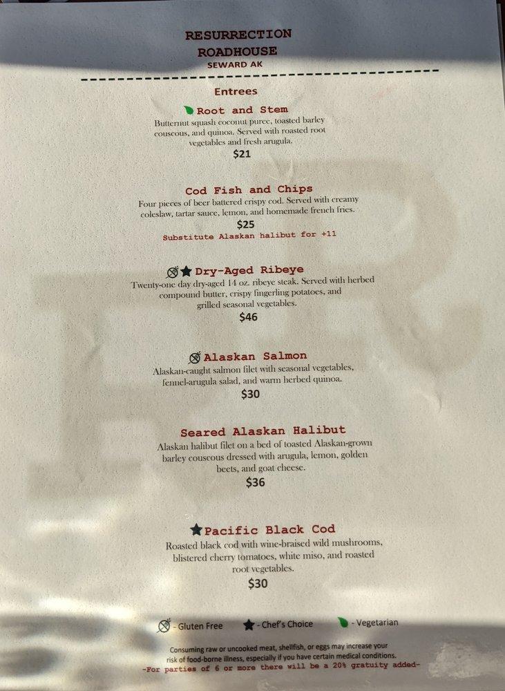 Menu at Resurrection Roadhouse restaurant, Seward, Herman Leirer Rd