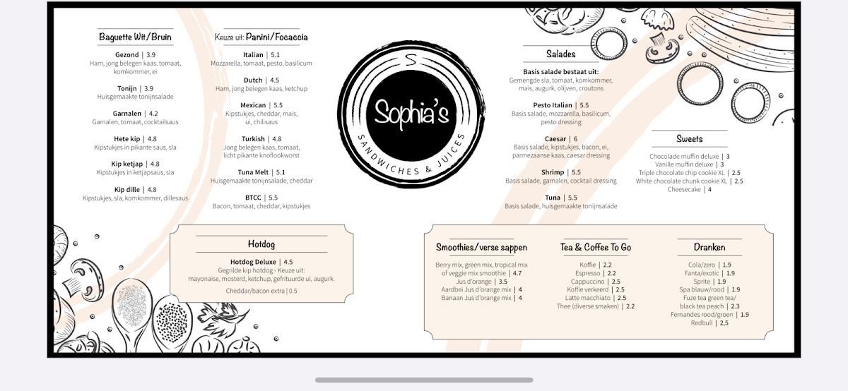 Carta de Sophia’s Sandwiches & Juices, Amsterdam