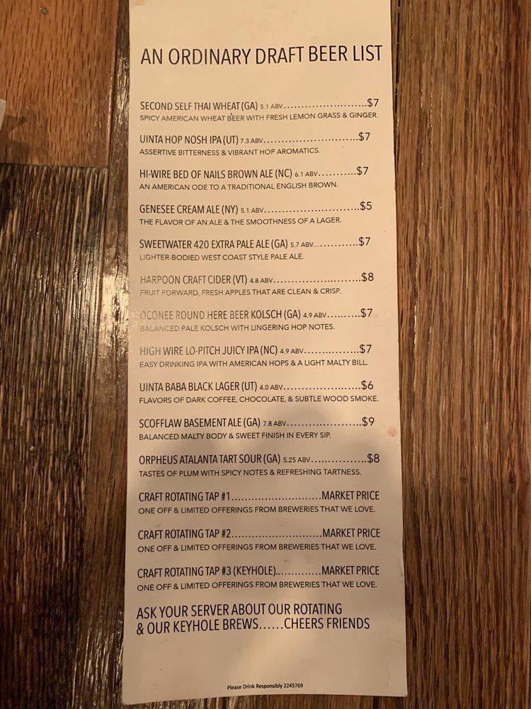 Menu at The Ordinary Pub, Savannah