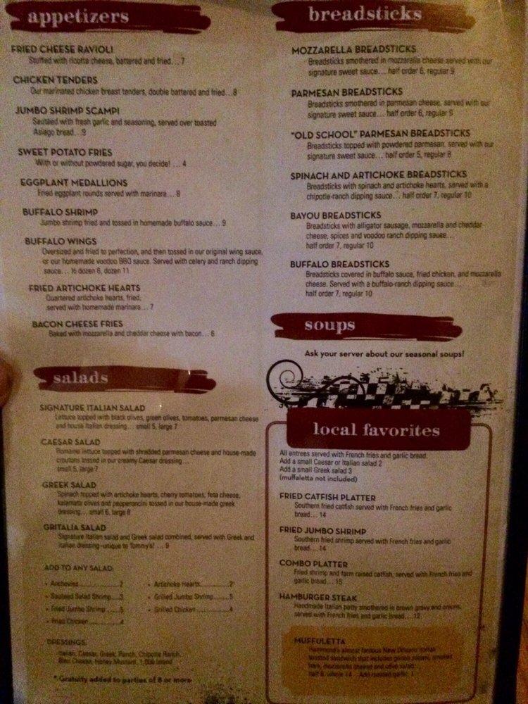 Menu at Tommy's on Thomas pizzeria, Hammond