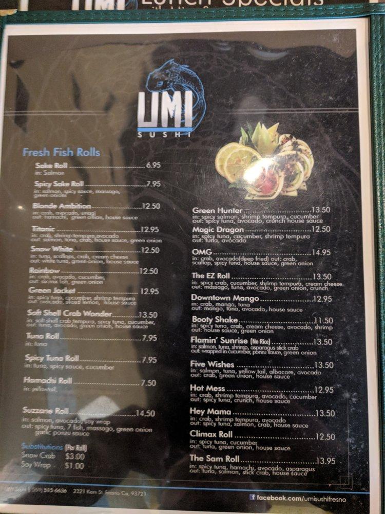 Menu at UMI Sushi restaurant, Fresno
