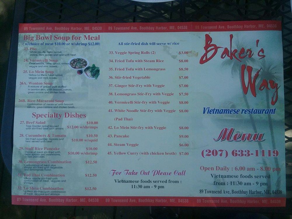 Menu at Baker's Way restaurant, Boothbay Harbor