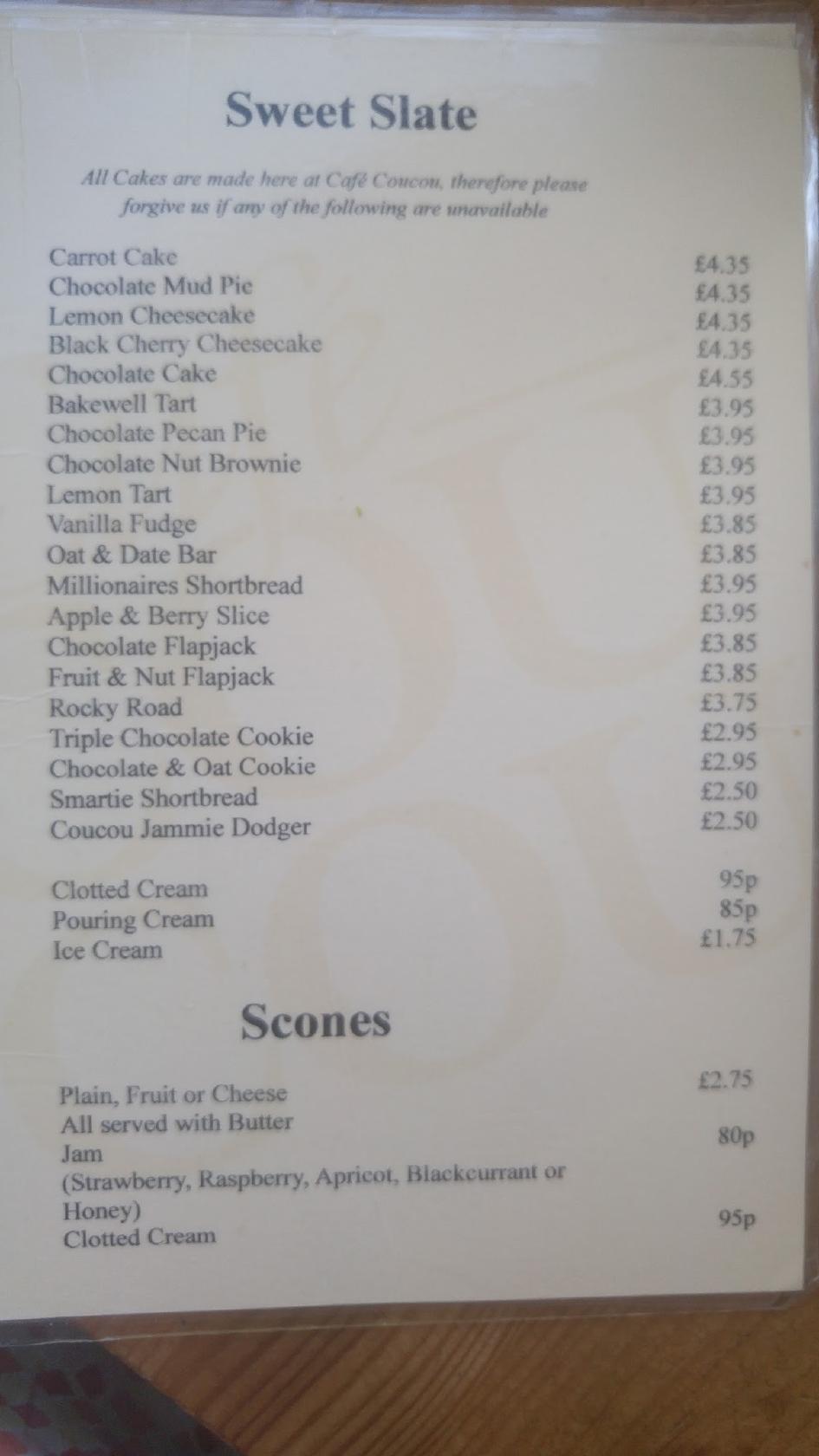 Carta de Cafe Coucou, Saffron Walden