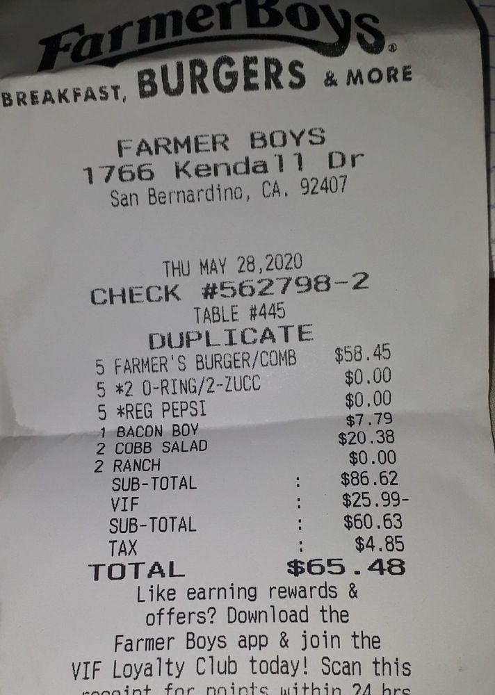 Menu at Farmer Boys restaurant, San Bernardino, Kendall Dr
