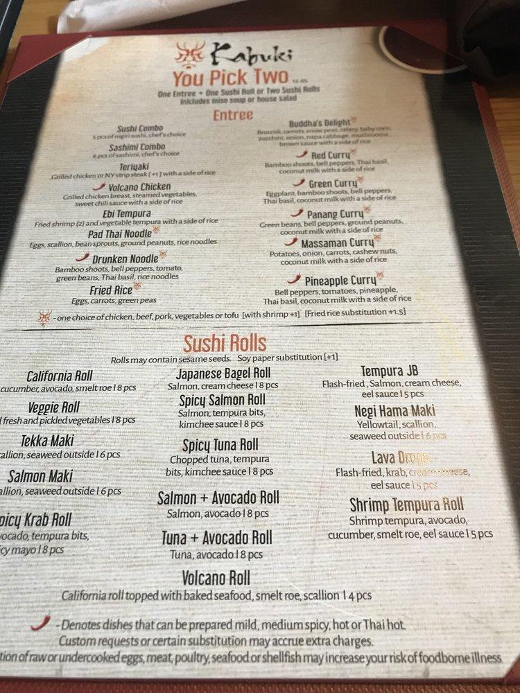 Menu at Kabuki Sushi Thai Tapas restaurant, Wellington