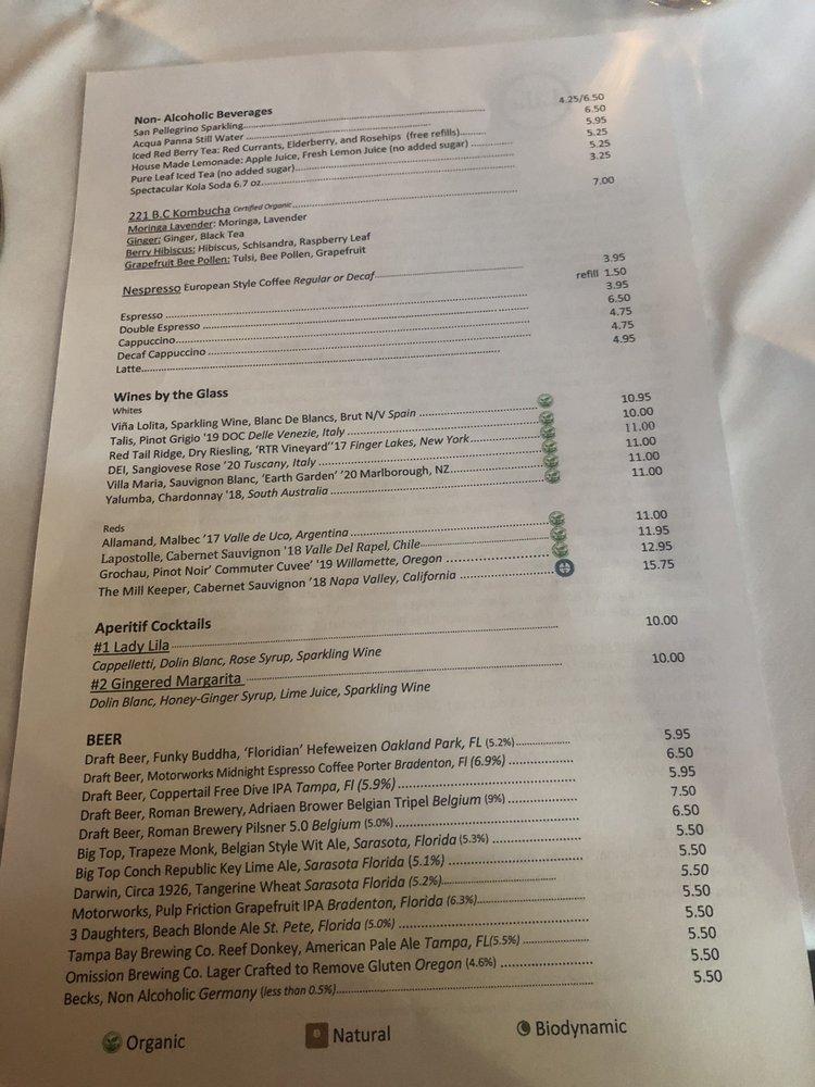 Menu at Lila restaurant, Sarasota