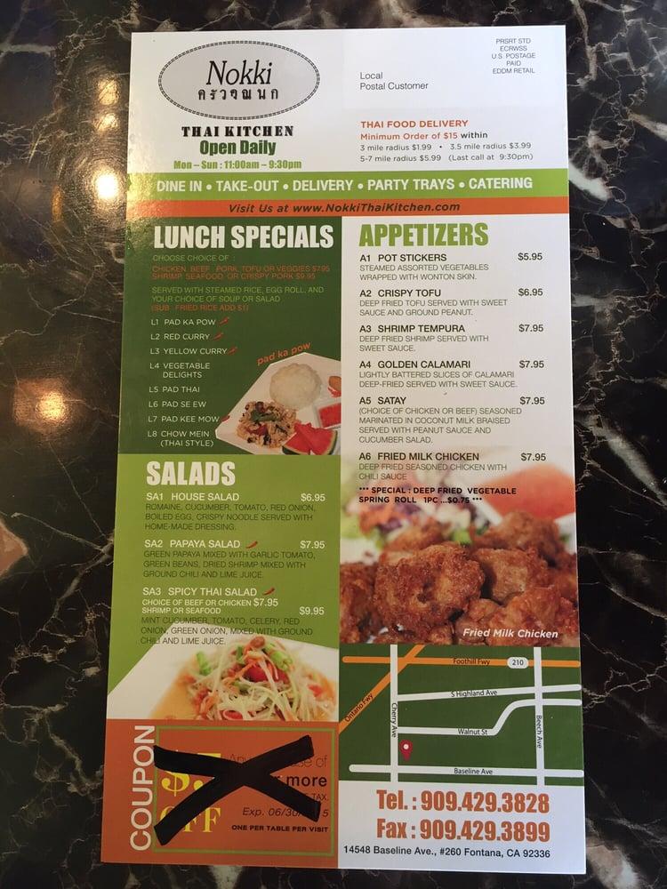 Menu at Nokki Thai Kitchen restaurant, Fontana
