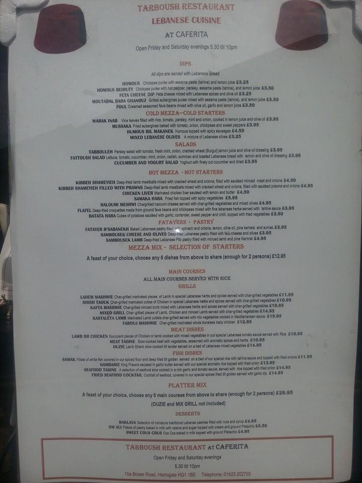 Menu at Tarboush Restaurant, Harrogate