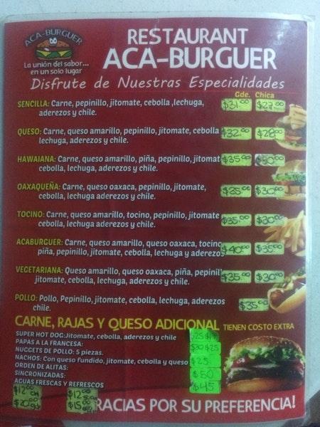Menu at Aca-Burger restaurant, Acapulco