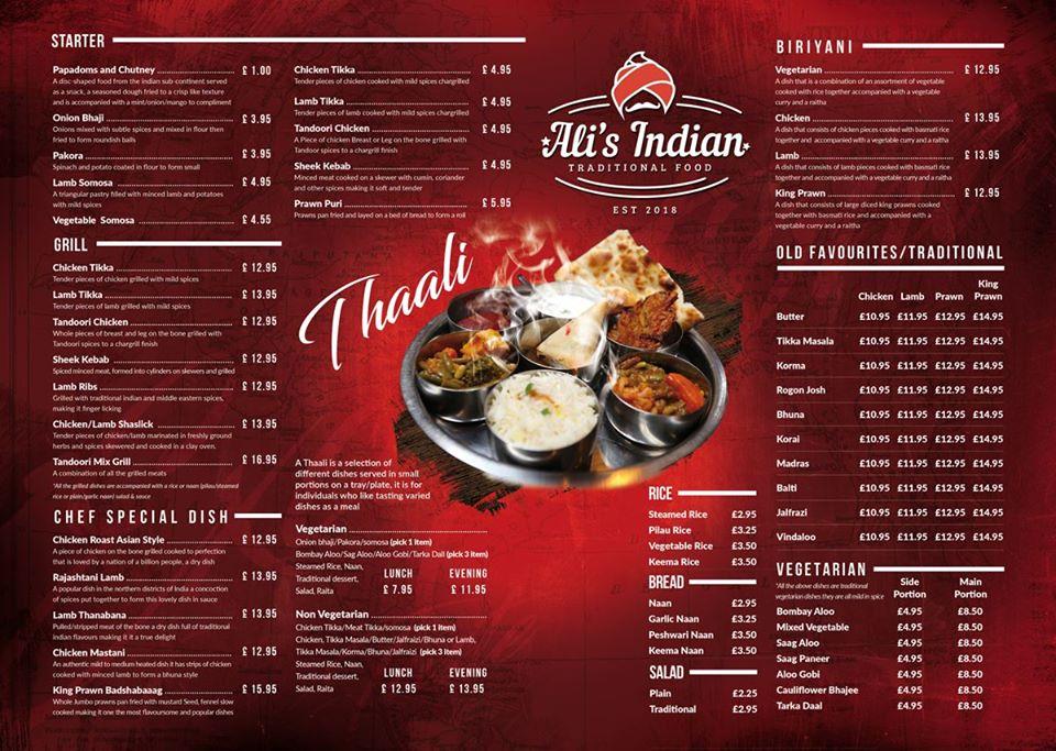 Menu at Ali’s Indian Restaurant, London