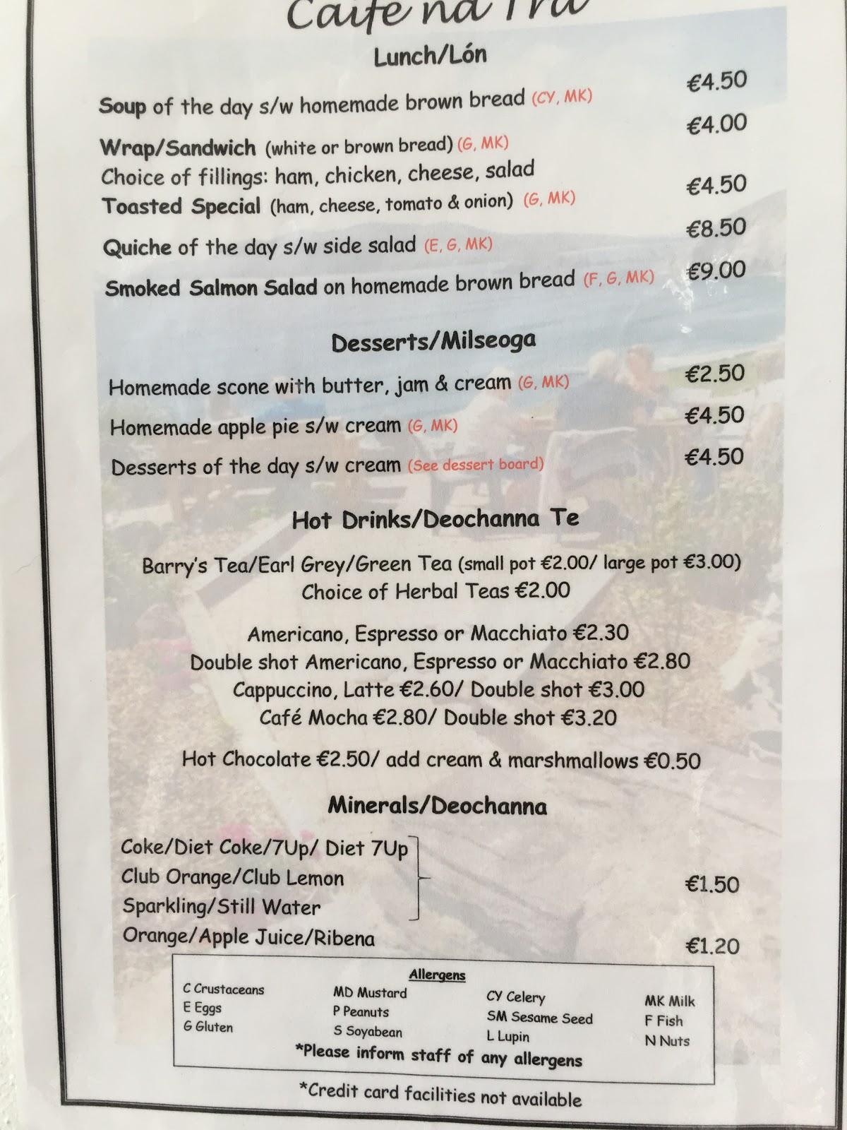 Menu at Caifé Na Trá cafe, Dunquin
