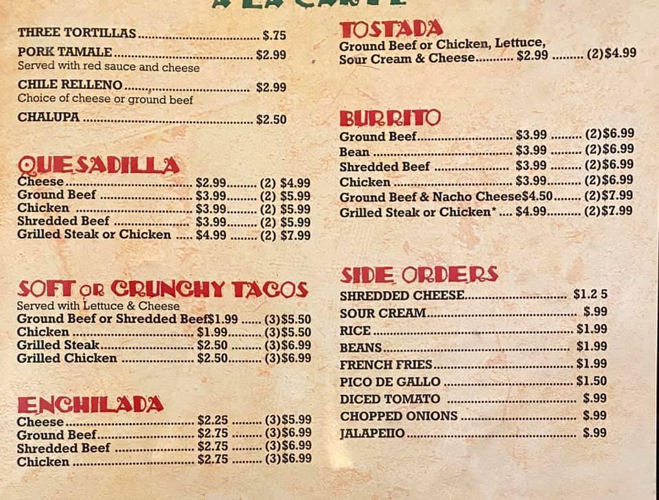 Menu at El Pueblito Mexican Cuisine restaurant, Uhrichsville