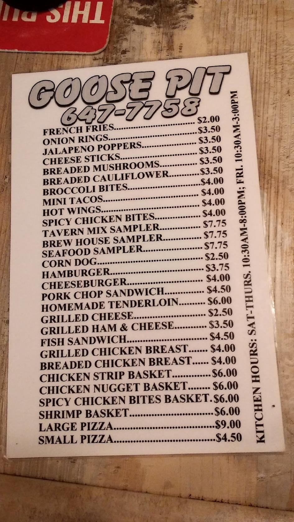 Menu at Goose Pit pub & bar, Banner