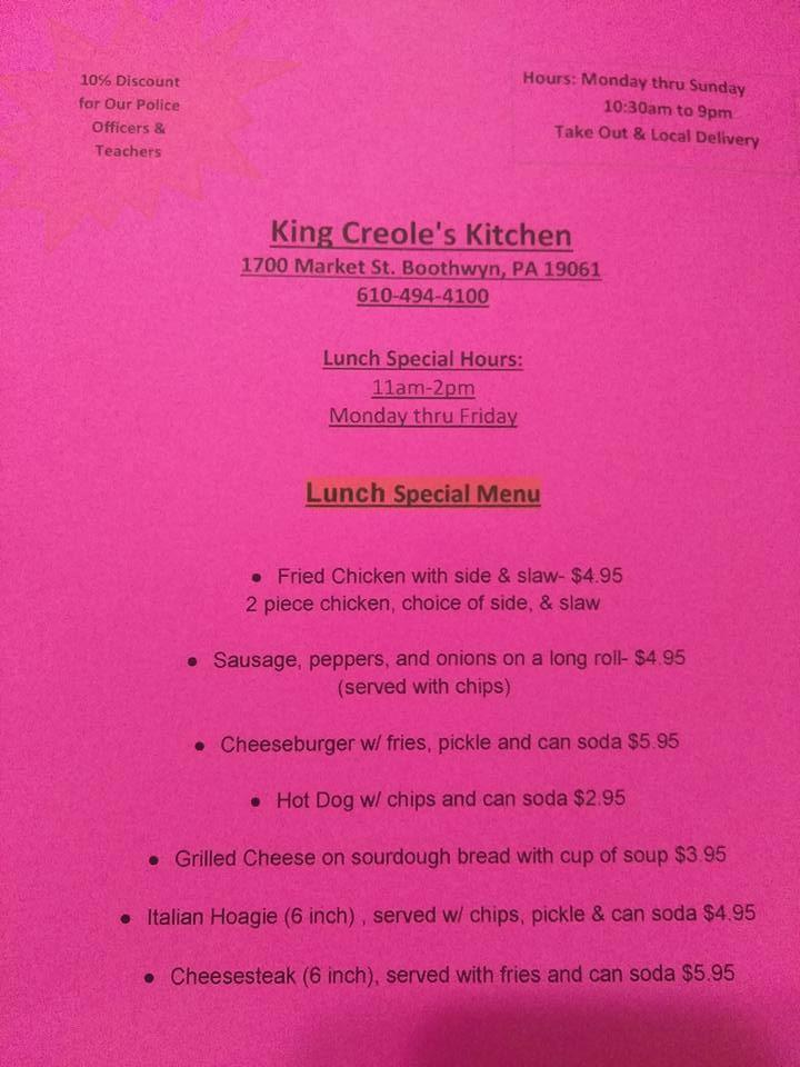 Menu at King Creole's Kitchen restaurant, Boothwyn