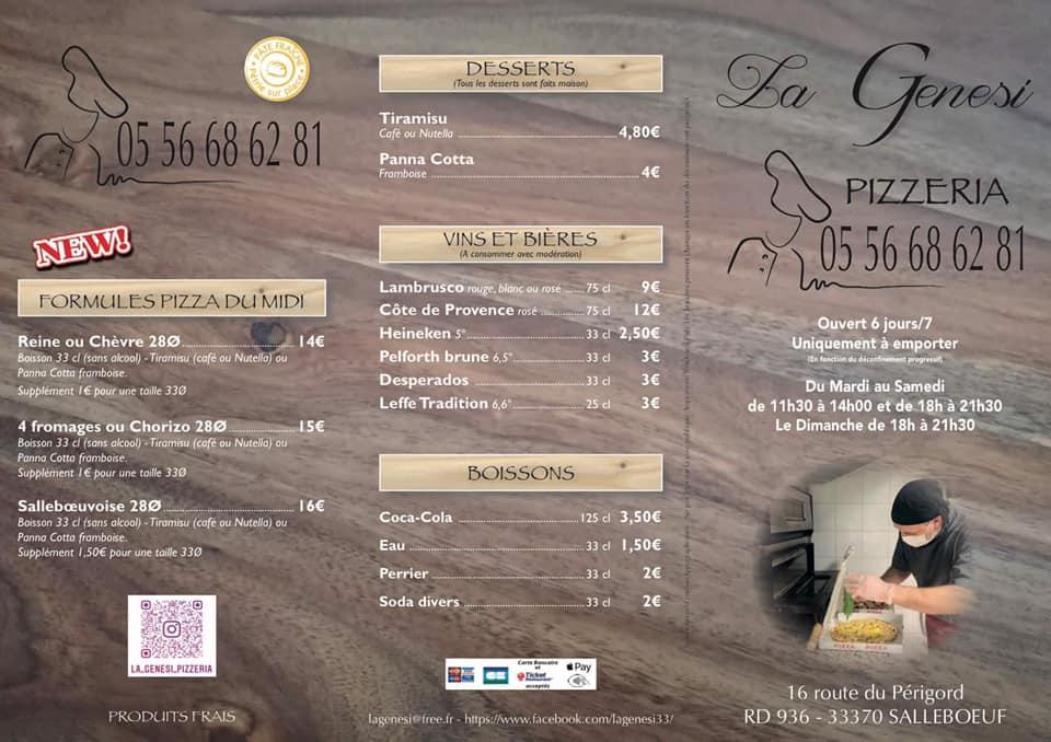 Menu at La Genesi pizzeria, Sallebœuf