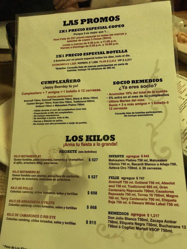 Carta del pub y bar Los Remedios Tijuana, Tijuana, Av. Diego Rivera 2479