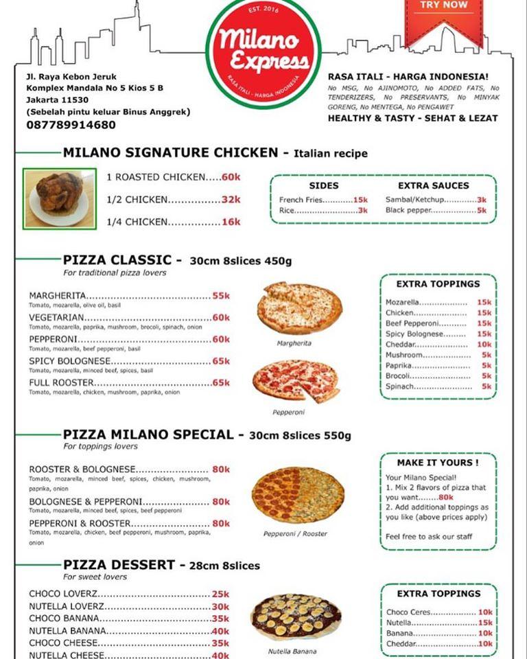 Menu at Milano Express Indonesia restaurant, Jakarta