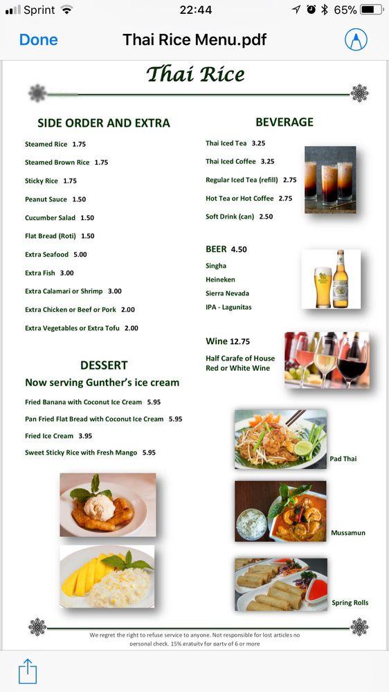 Menu at Thai Rice Restaurant, Cameron Park