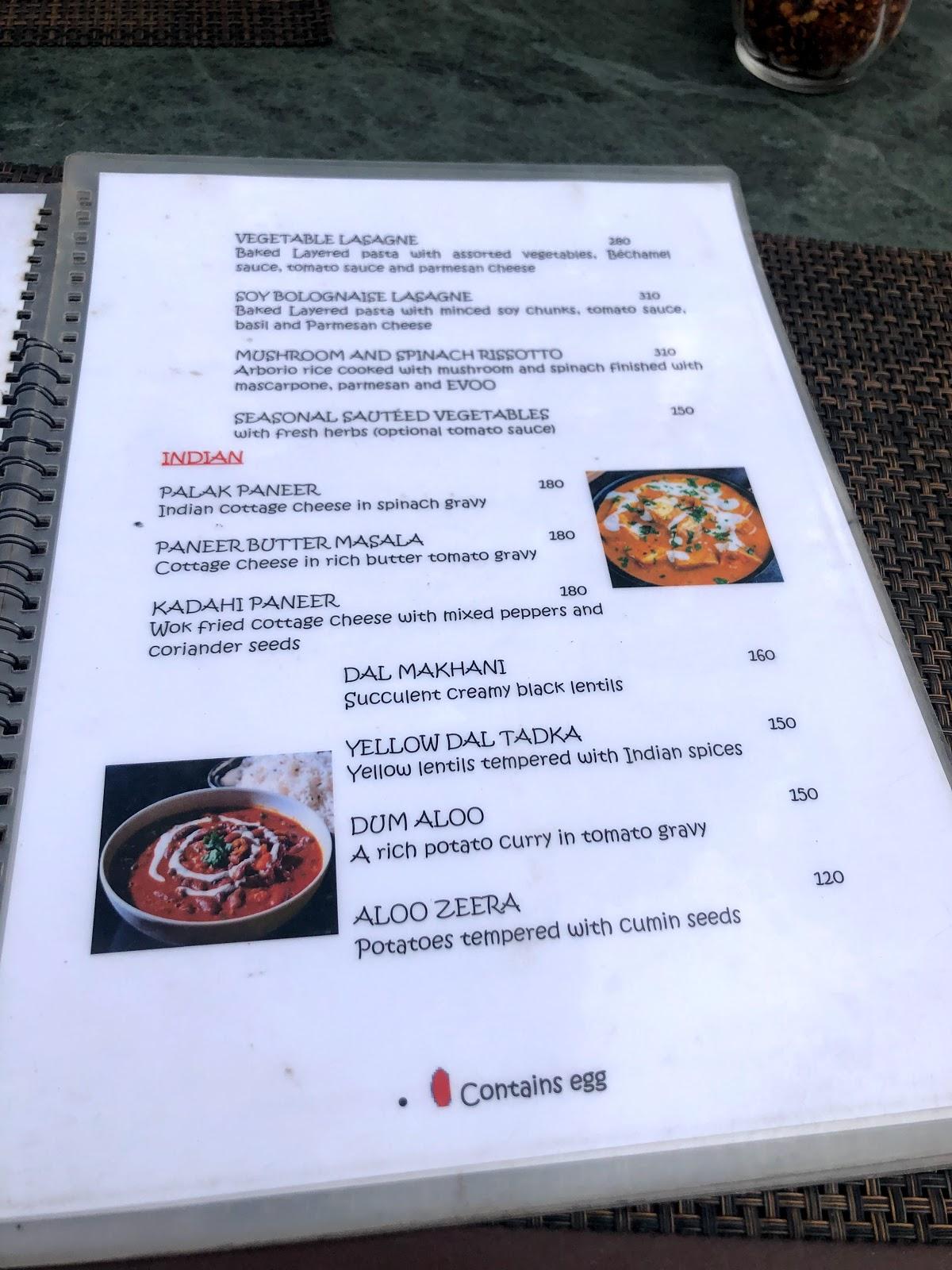 Menu at Vj's giardino by the Ganges, Rishikesh, Badrinath road
