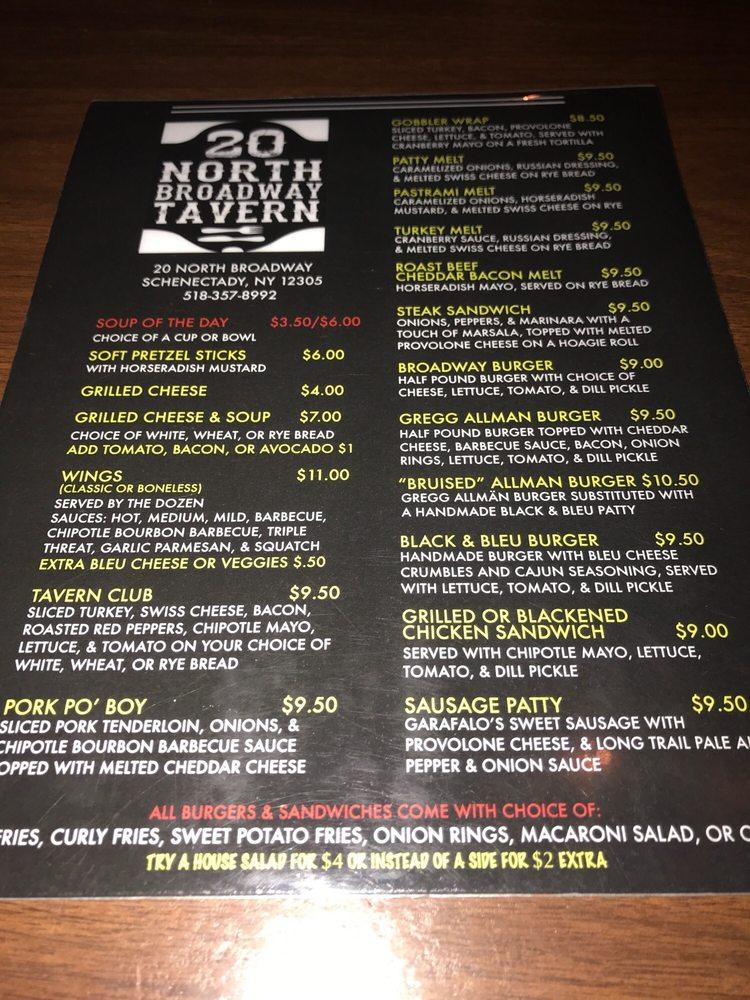 Menu at 20 North Broadway Tavern pub & bar, Schenectady