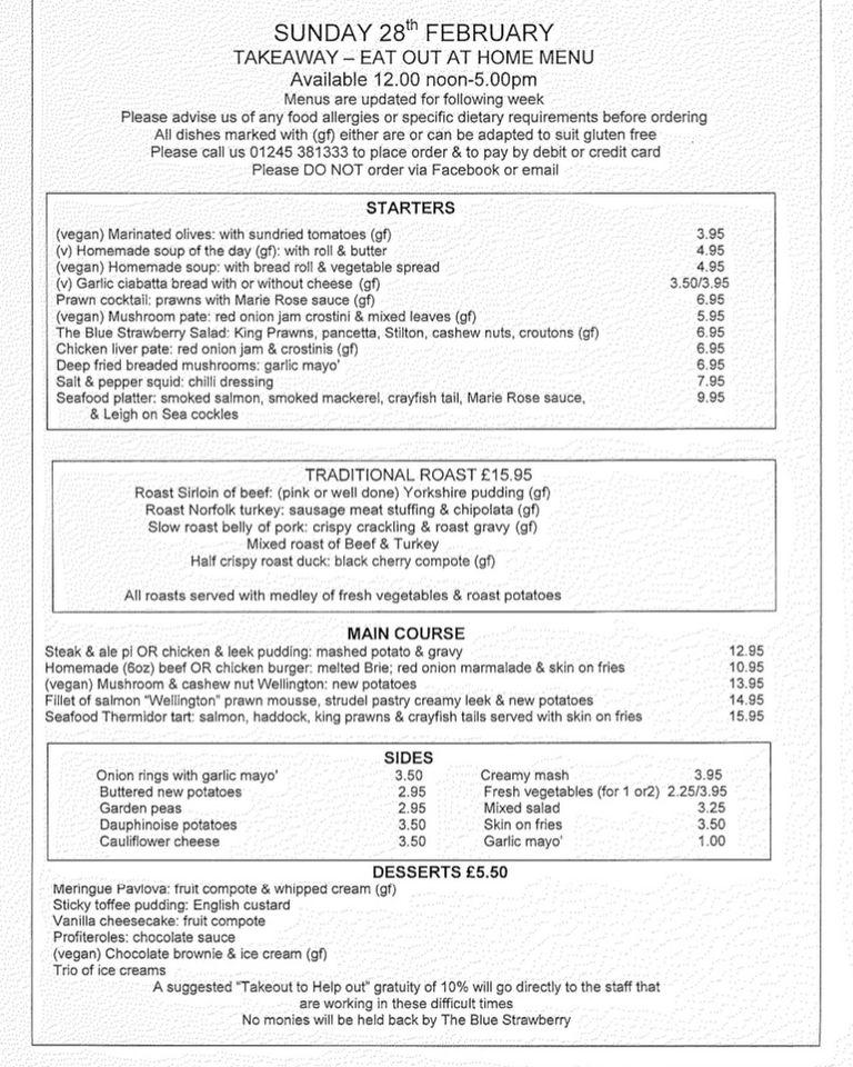 Menu at Blue Strawberry Bistrot restaurant, Hatfield Peverel