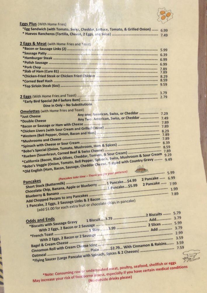 Menu at Bobo's Restaurant, Tucson