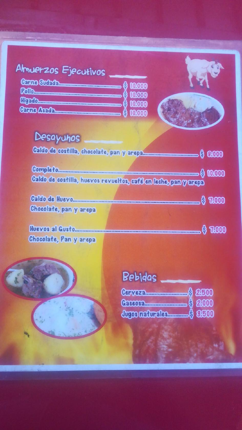 Menu at El Cabro Patiamarillo restaurant, Barichara
