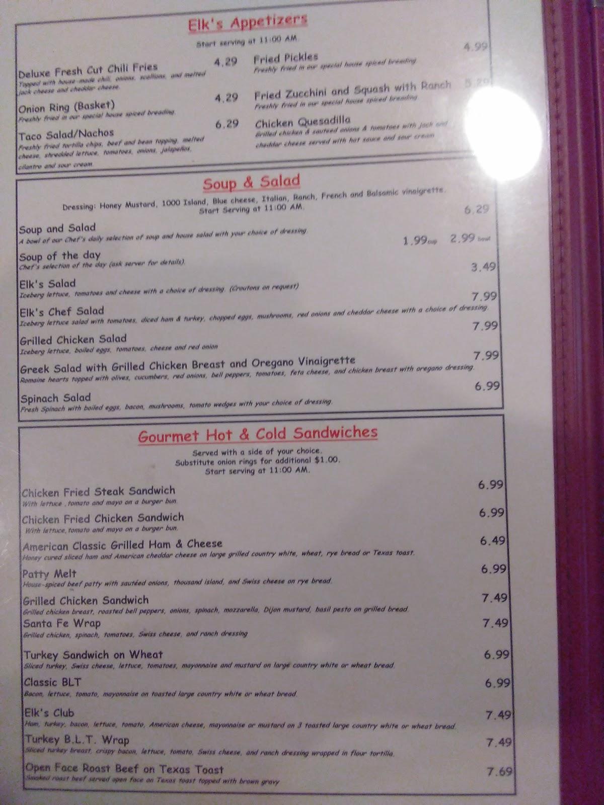 Menu at Elk's Diner restaurant, Burleson
