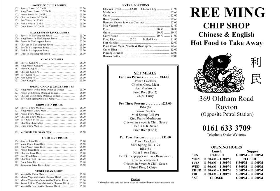 Menu at Ree Ming fast food, Oldham, 369 Oldham Rd