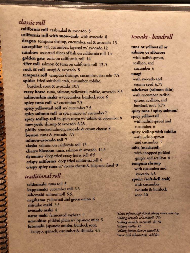 Menu at Samurai restaurant, Mill Valley