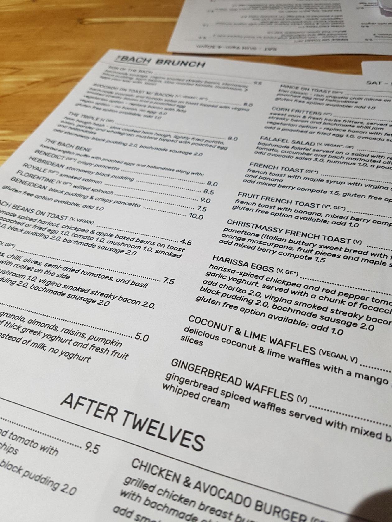 Menu at The Bach cafe, Dundee