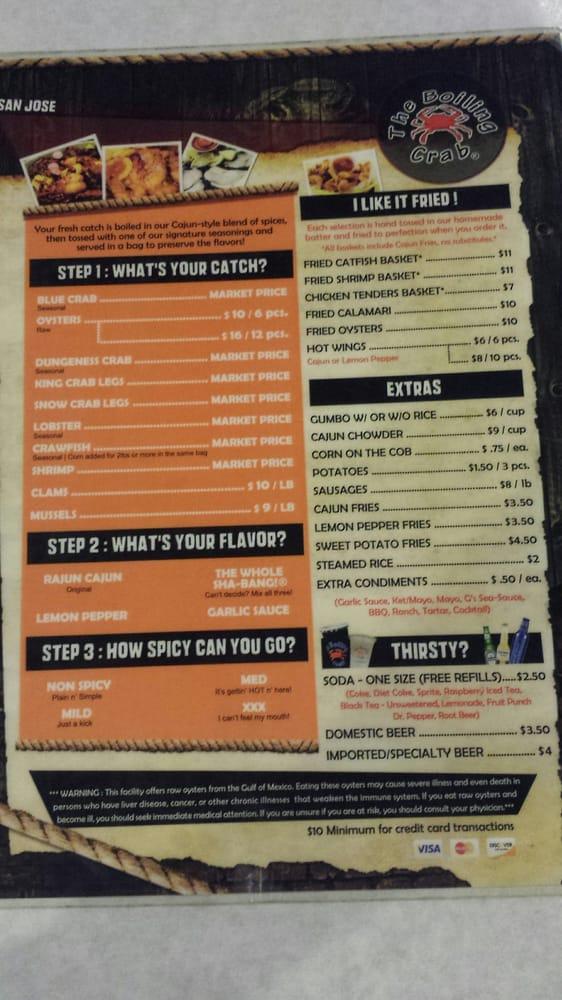 Menu at The Boiling Crab restaurant, San Jose, 71 Curtner Ave Suite 20