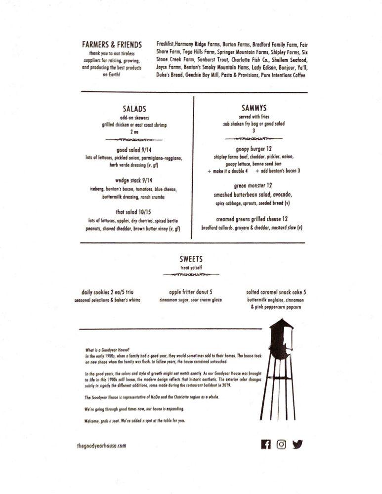 Menu at The Goodyear House pub & bar, Charlotte